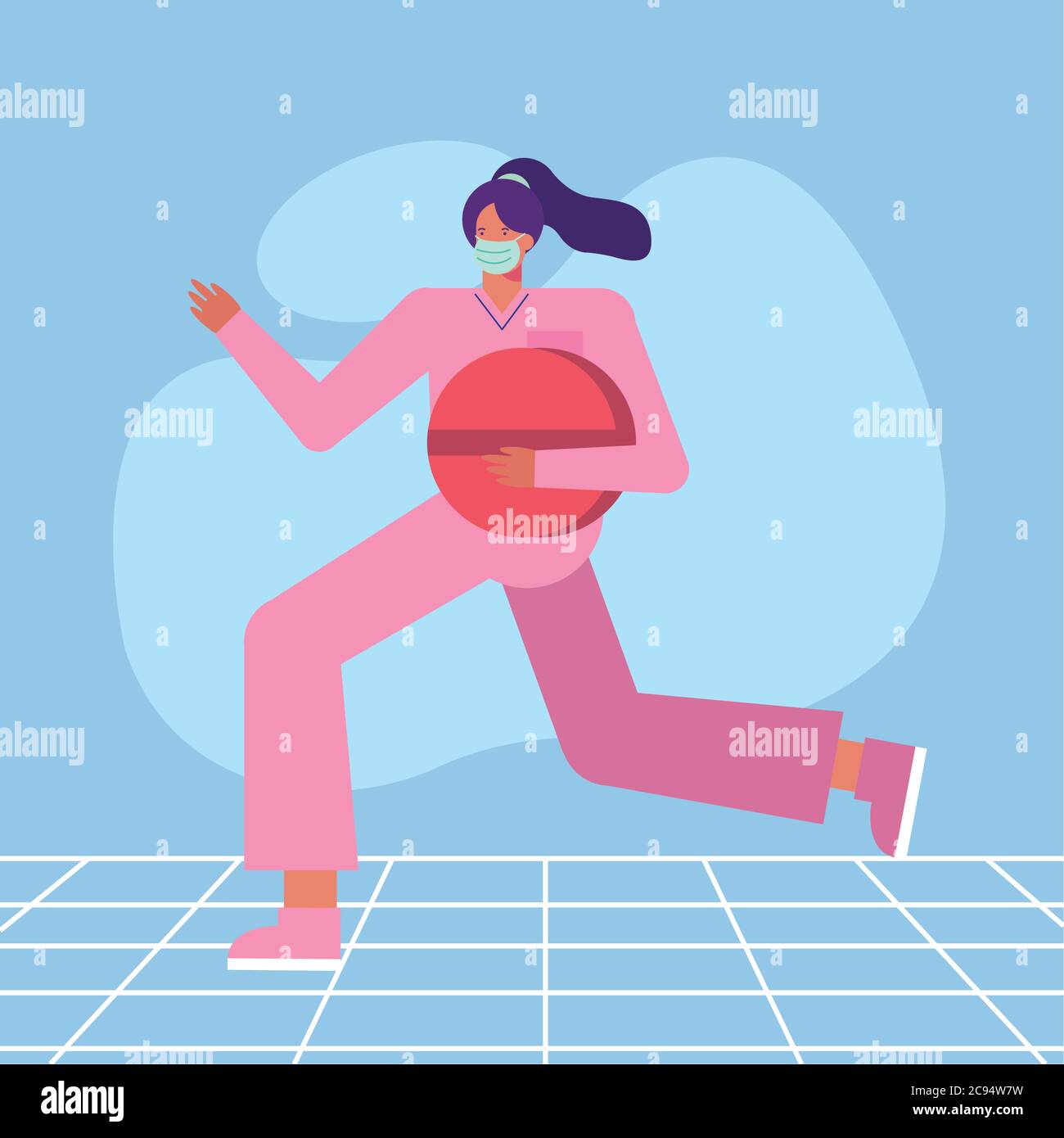 professional female surgeon wearing medical mask running with pills ...