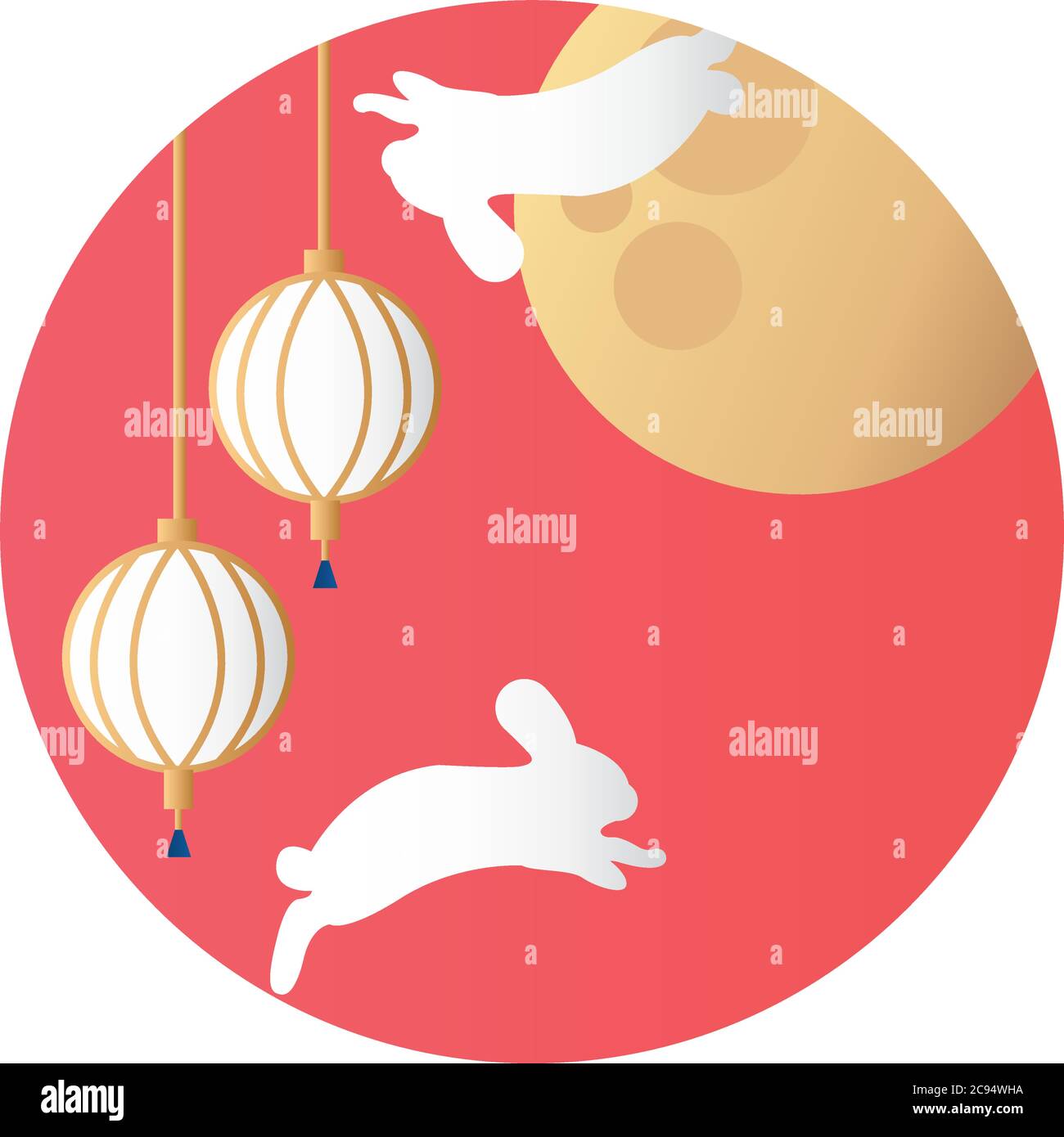 mid autumn festival moon with rabbits and lanterns hanging vector ...