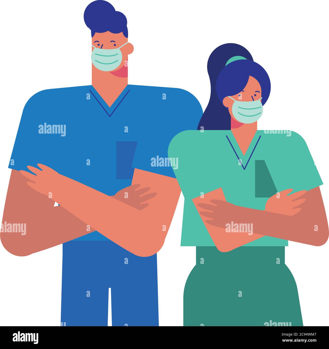 professional doctors couple wearing medical masks vector illustration ...
