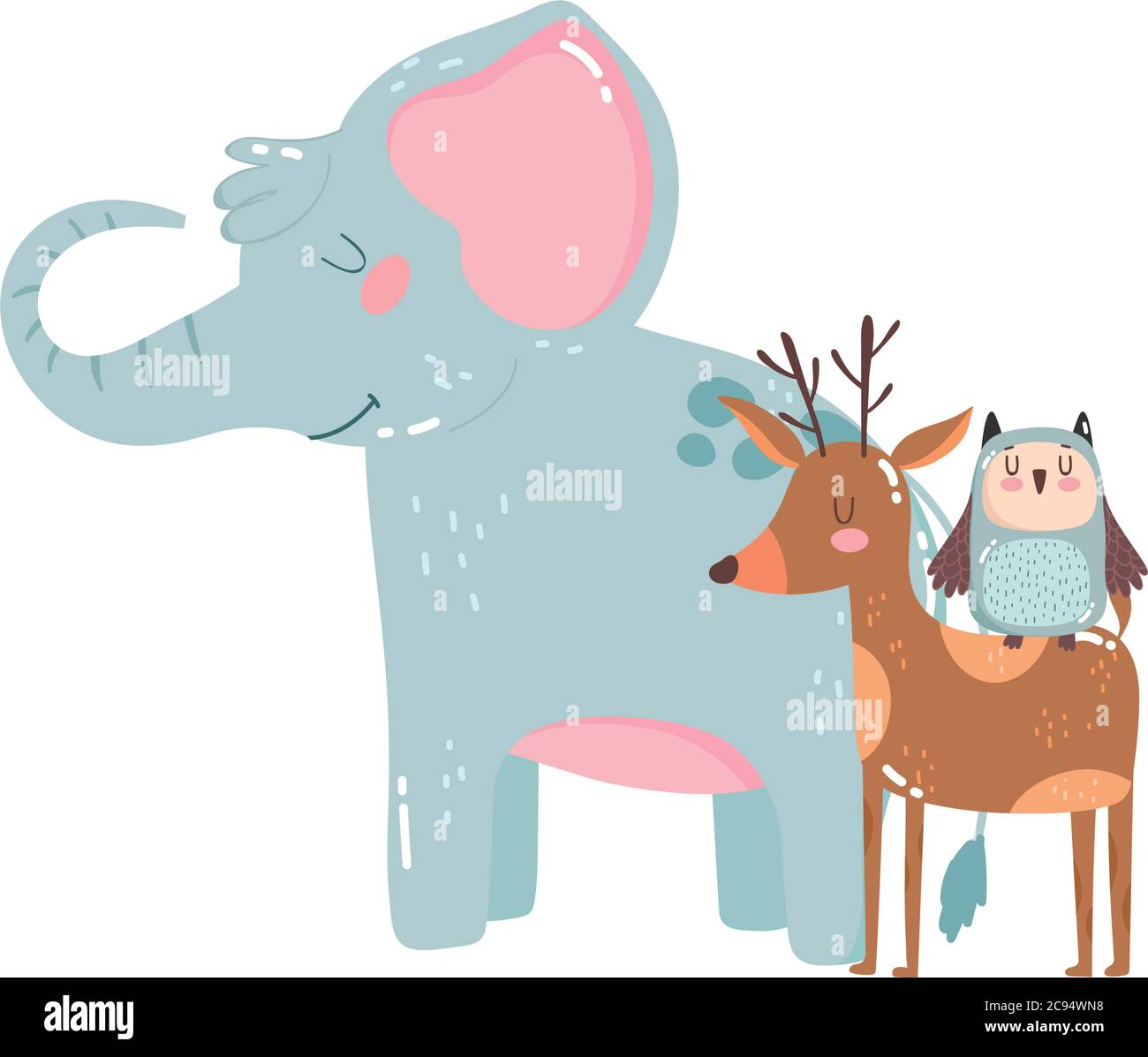 cute animals elephant deer and owl nature wild cartoon vector ...