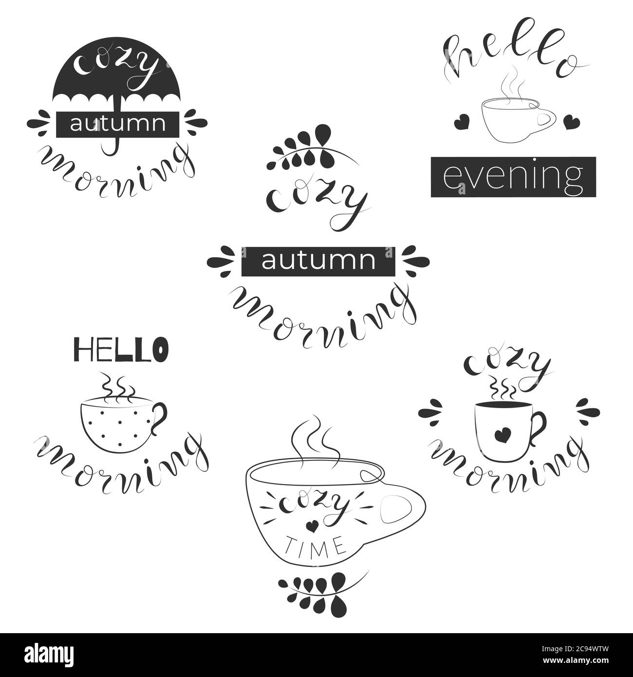 Set of 6 handwritten fall quotes. Cozy autumn morning, hello evening ...