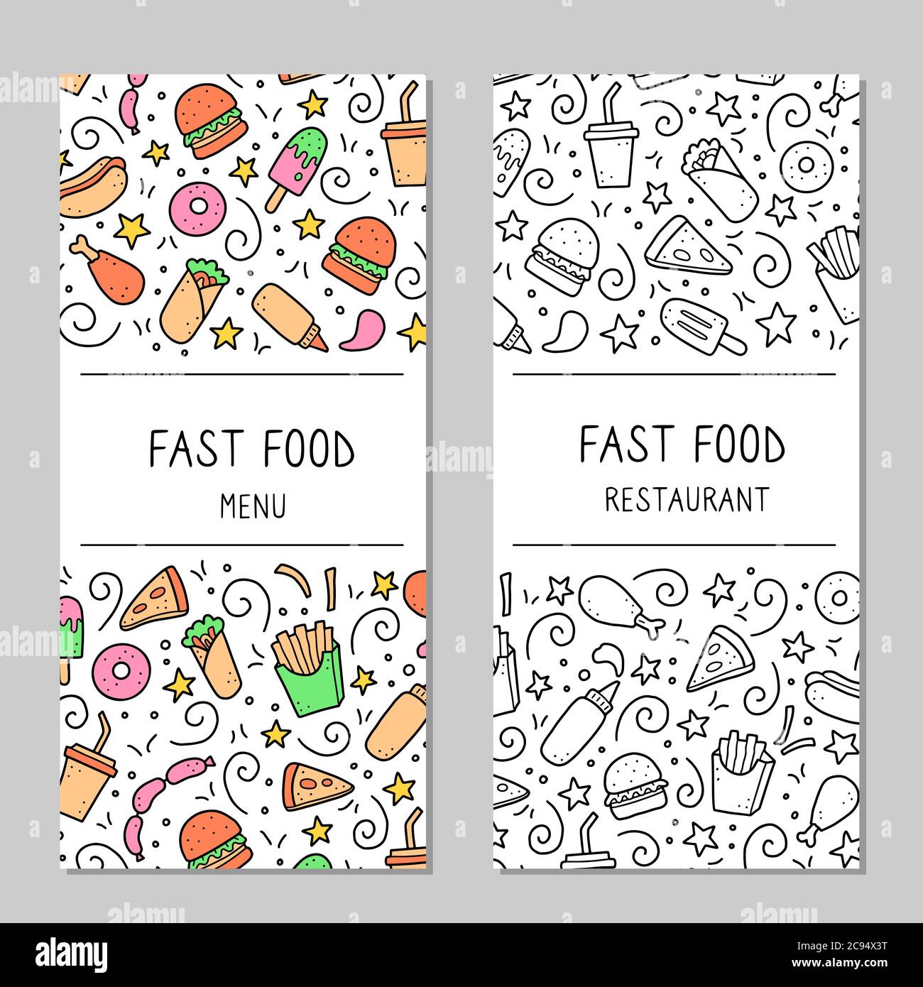 Hand drawn menu template of fast food elements, burger, pizza, sandwich ...