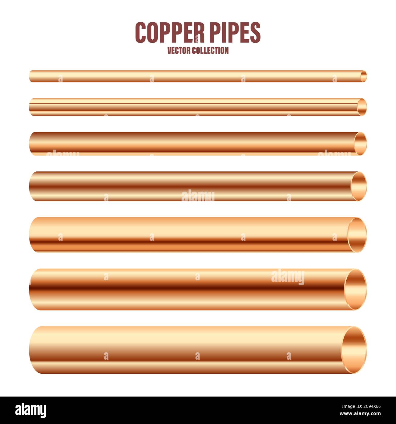 Copper pipes collection. Construction material. Polished metal texture ...