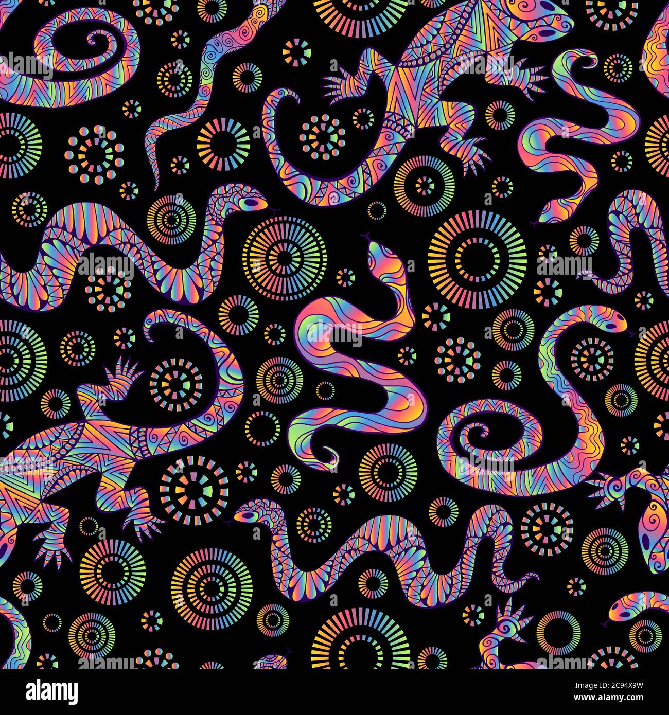 Variagated lizards and snakes seamless pattern, isolated on dblack ...