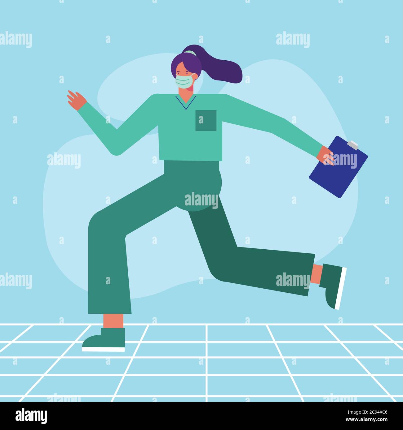 professional female surgeon wearing medical mask running with checklist ...