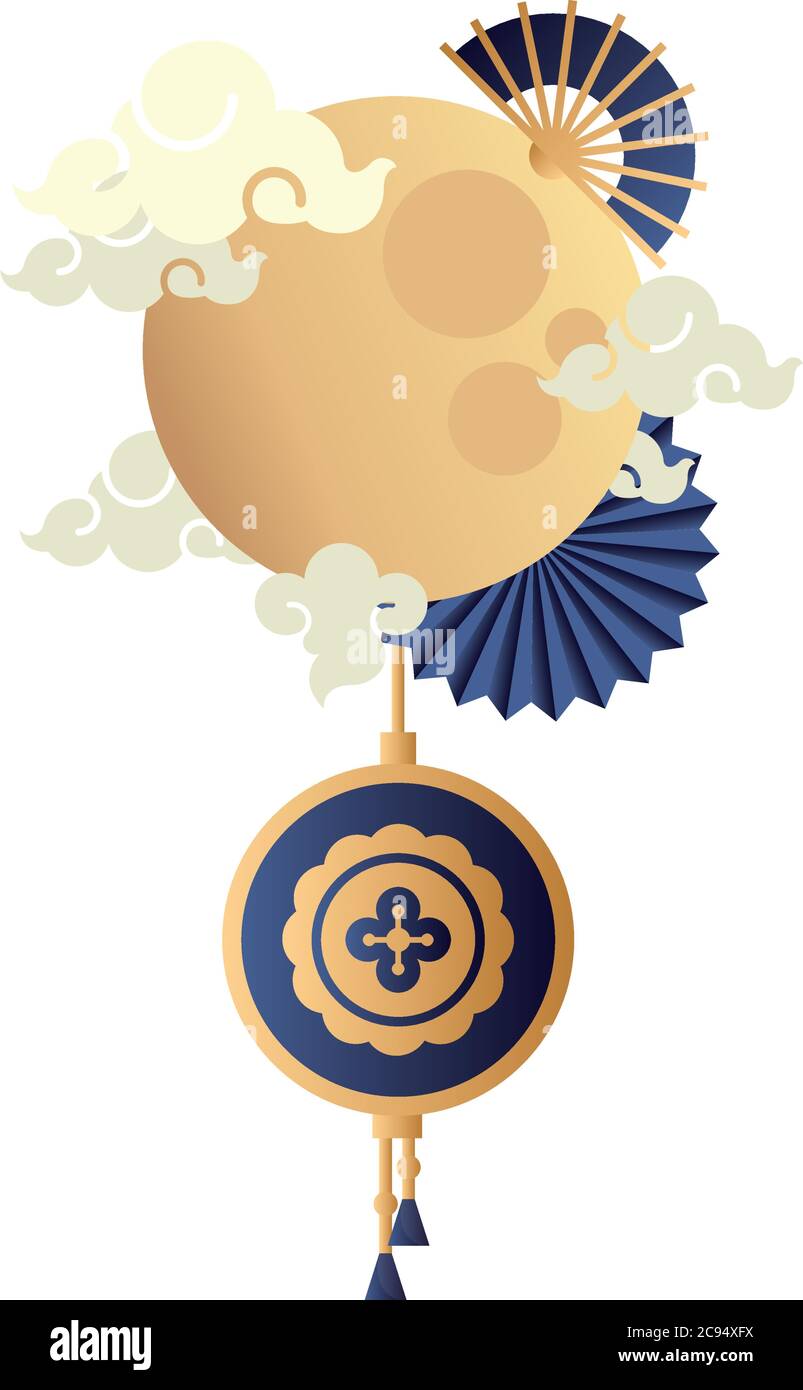 mid autumn festival moon and clouds with fans vector illustration ...