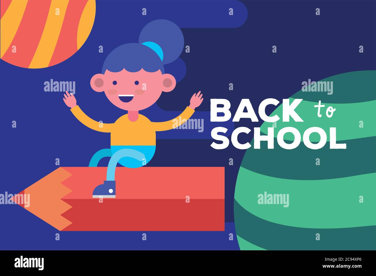 little student girl flying in pencil comic character vector ...