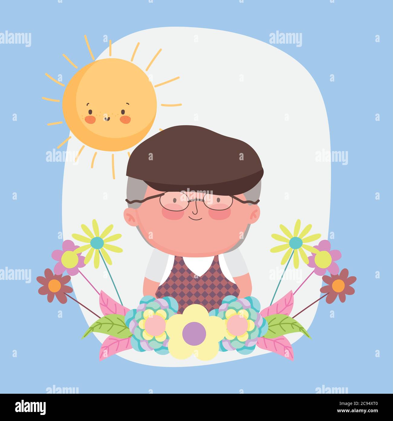 happy grandparents day, grandpa with hat glasses and flowers cartoon ...
