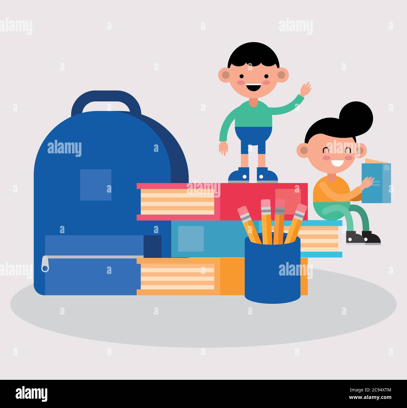 little students boys seated in books comic characters vector ...