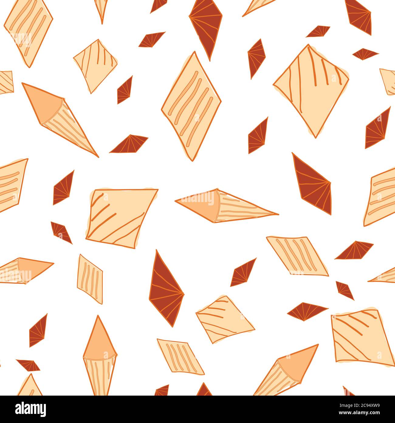 Kites amuck, orange kite shapes scattered on white background Seamless ...