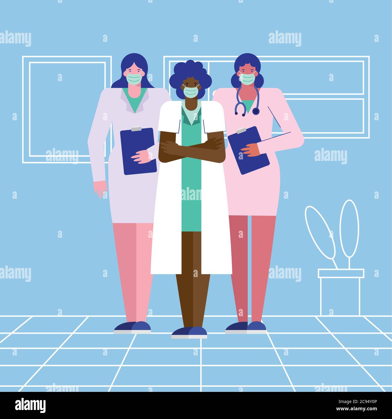 professional female doctors wearing medical masks vector illustration ...