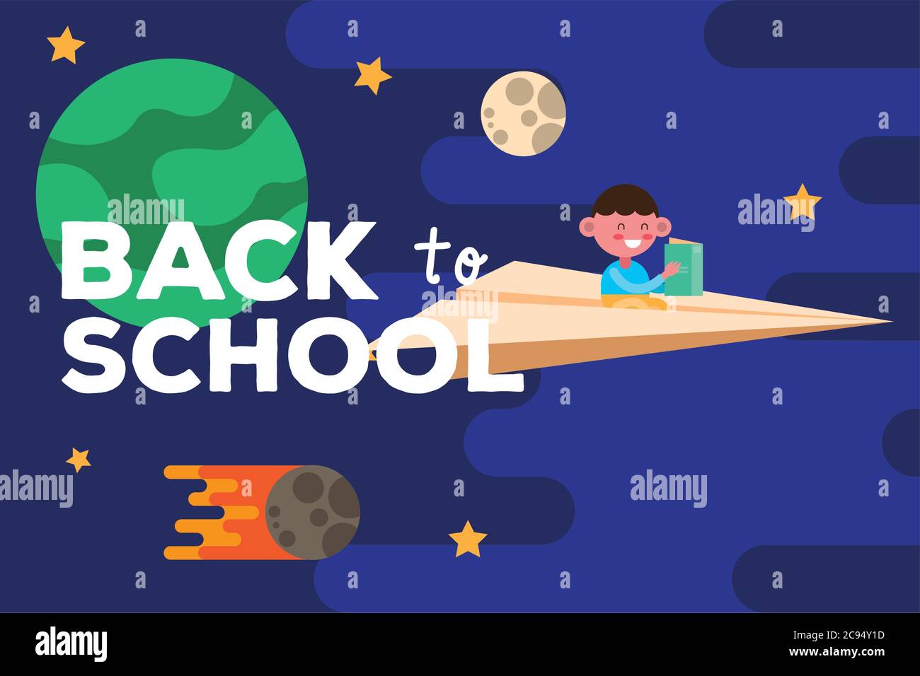 little student boy flying in paper airplane comic character vector ...