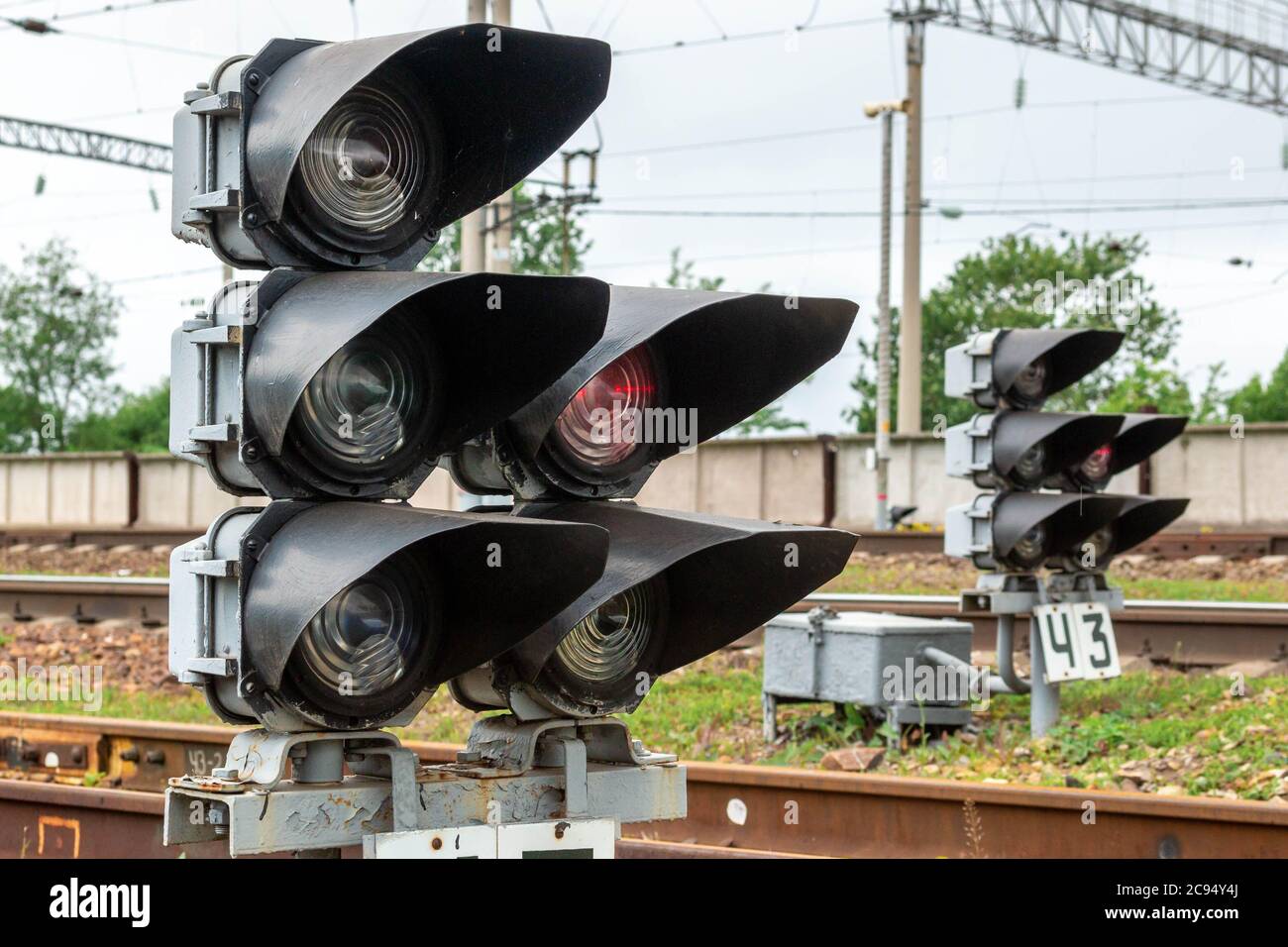Railway traffic light and red signal light Stock Photo - Alamy