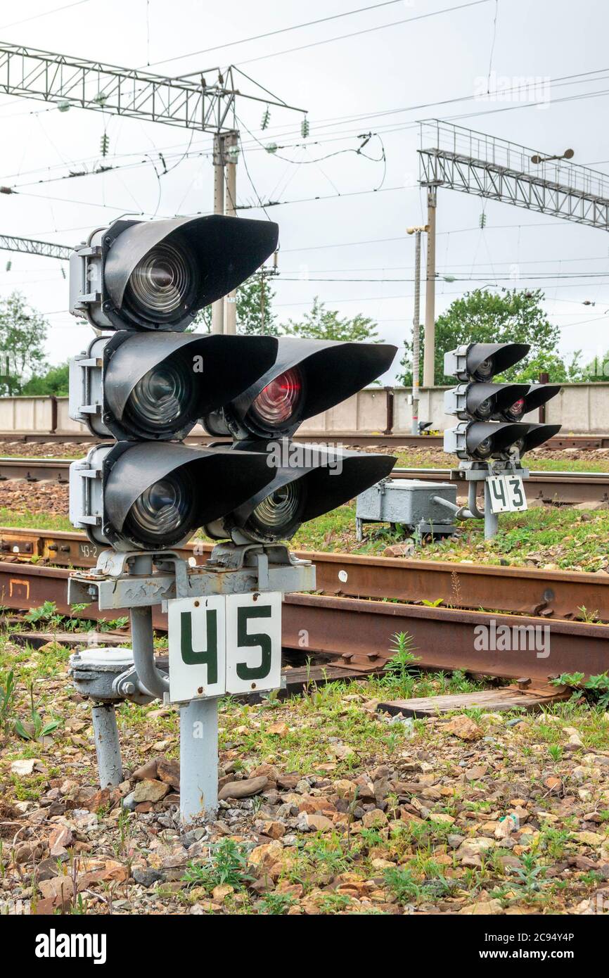 Railway traffic light and red signal light Stock Photo - Alamy