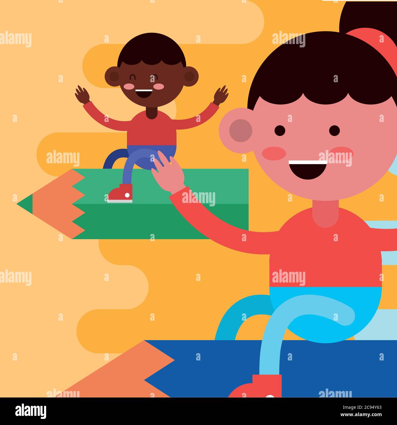 little students boys flying in pencils comic characters vector ...