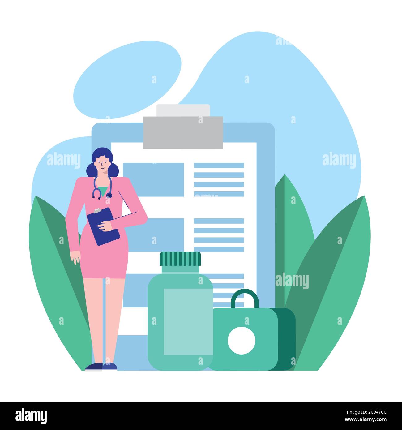 professional female doctor with checklist and drugs avatar character ...