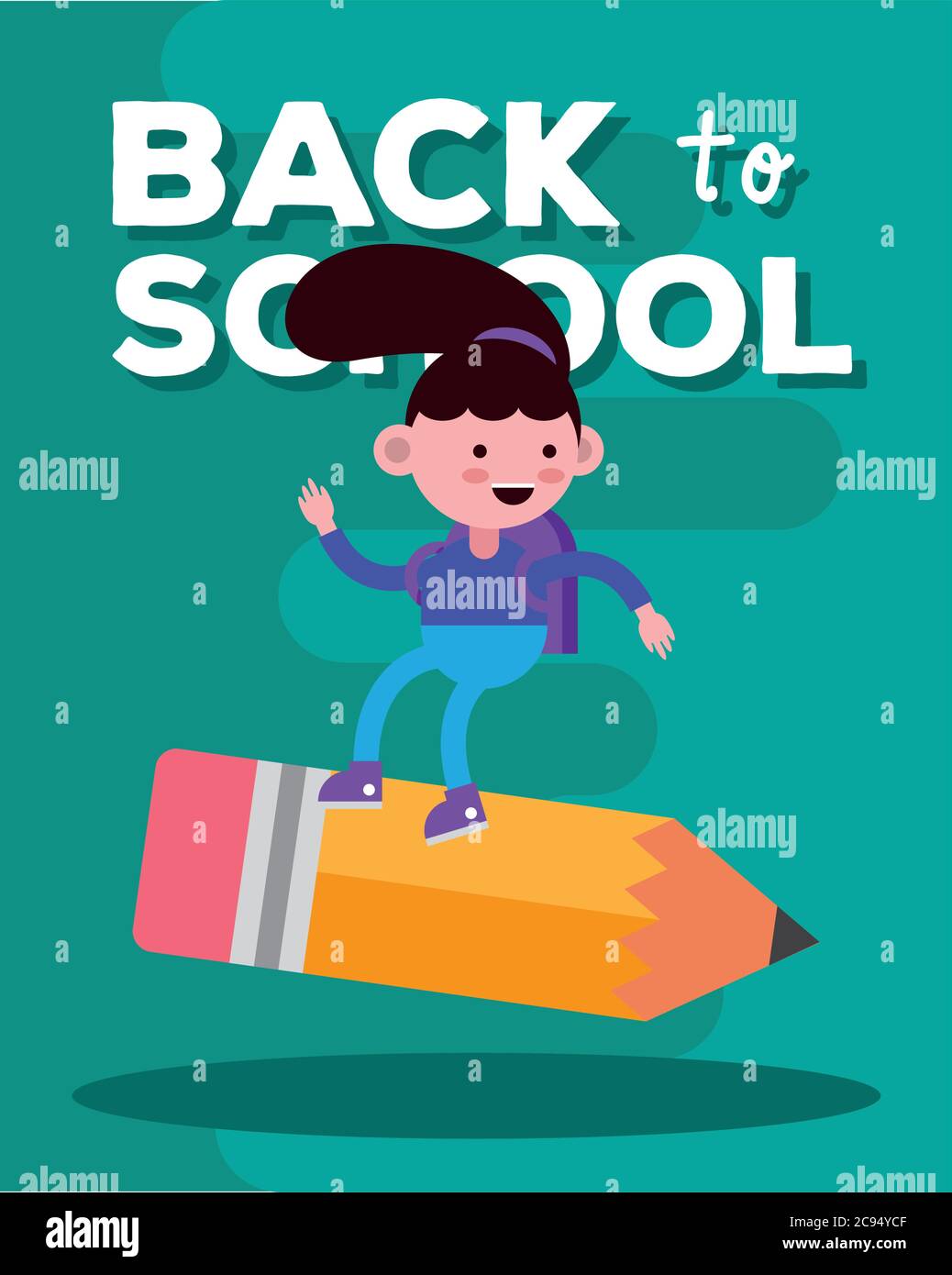 little student girl flying in pencil comic character vector ...