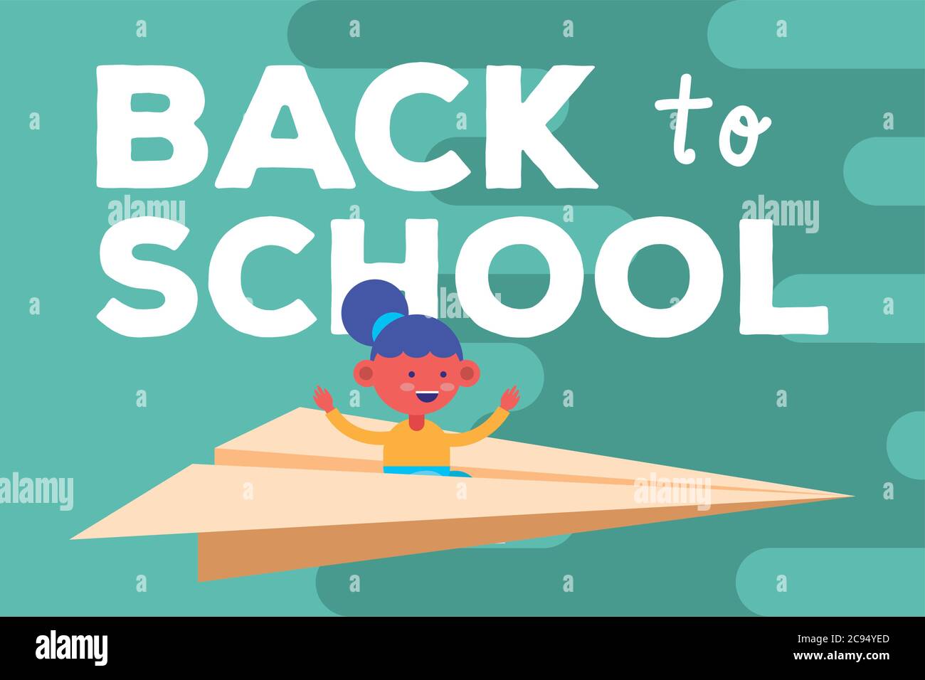 little student girl flying in paper airplane comic character vector ...