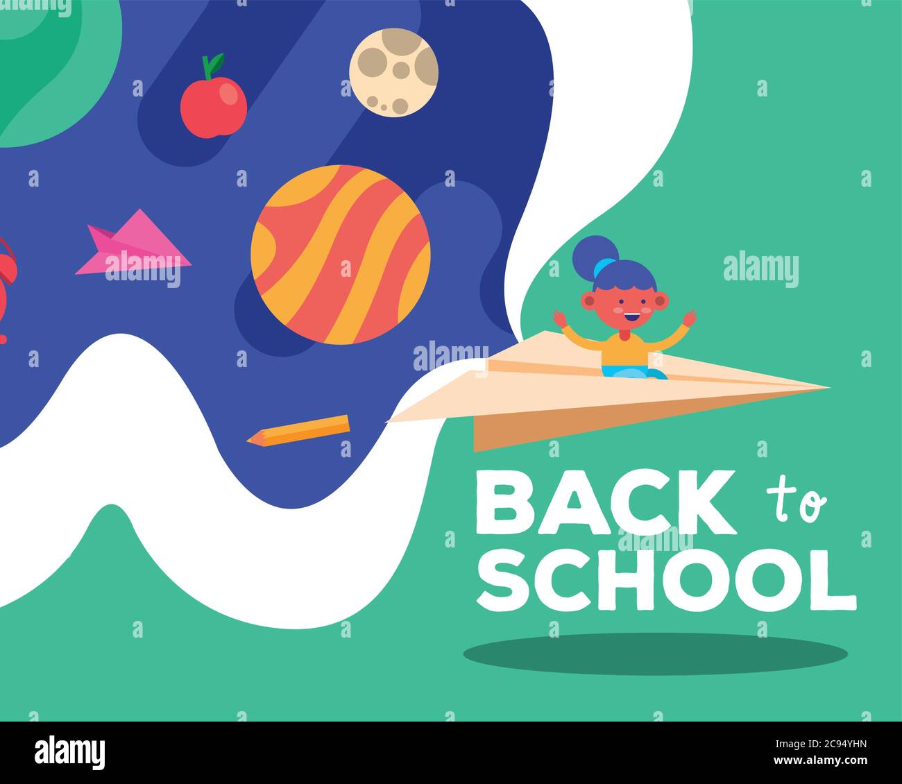 little student girl flying in paper airplane comic character vector ...