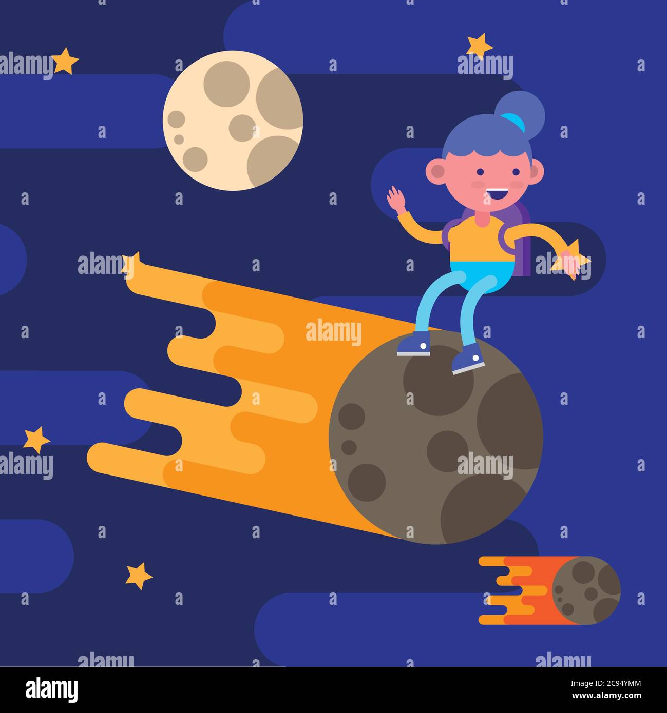 little student girl flying in moon comic character vector illustration ...
