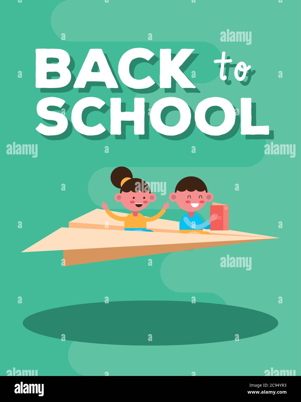 little students couple flying in paper airplanet comic characters ...