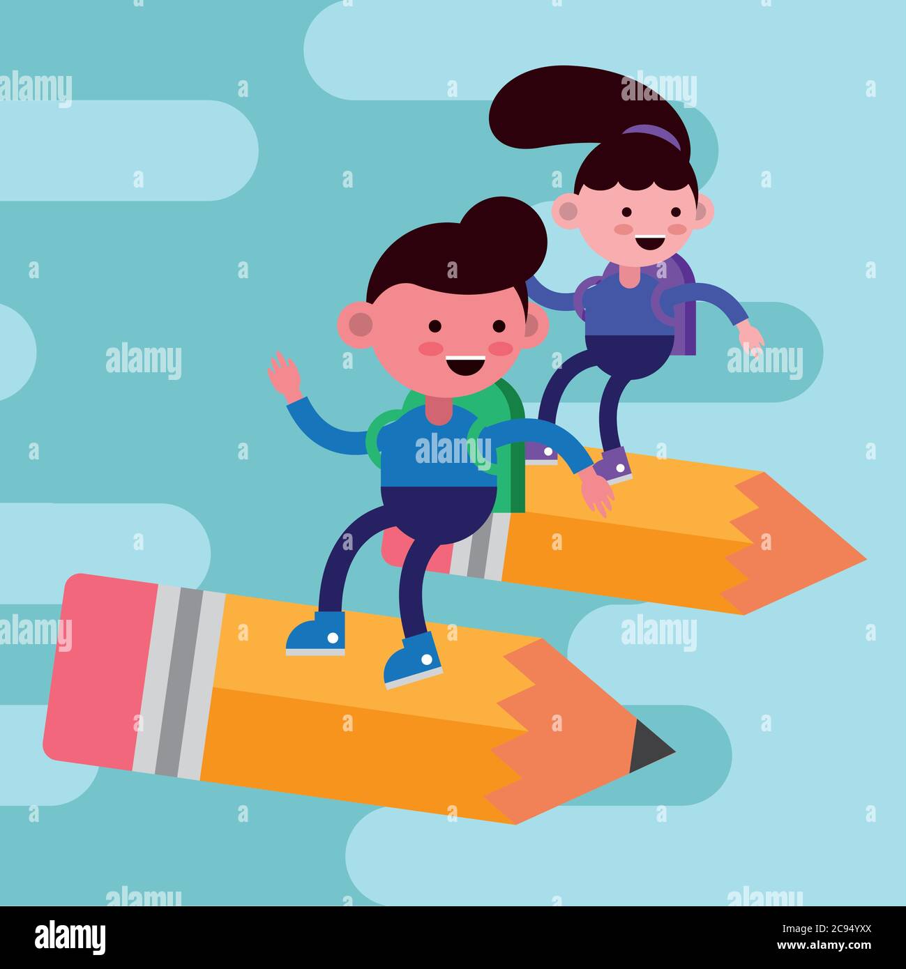 little students couple in pencil comic characters vector illustration ...
