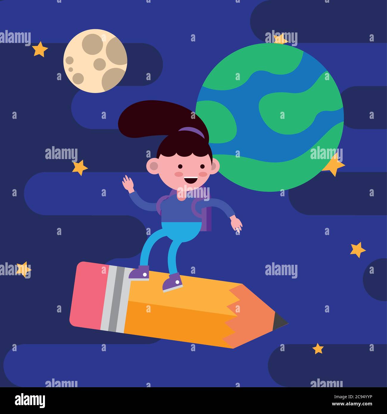 little student girl flying in pencil comic character vector ...