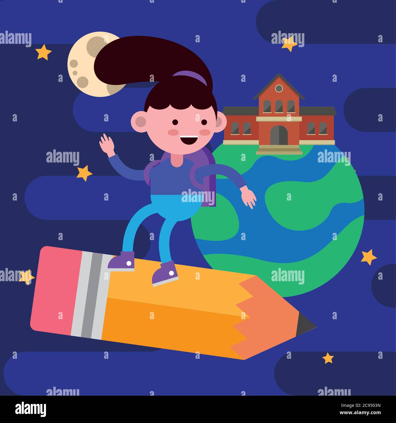 little student girl flying in pencil comic character vector ...
