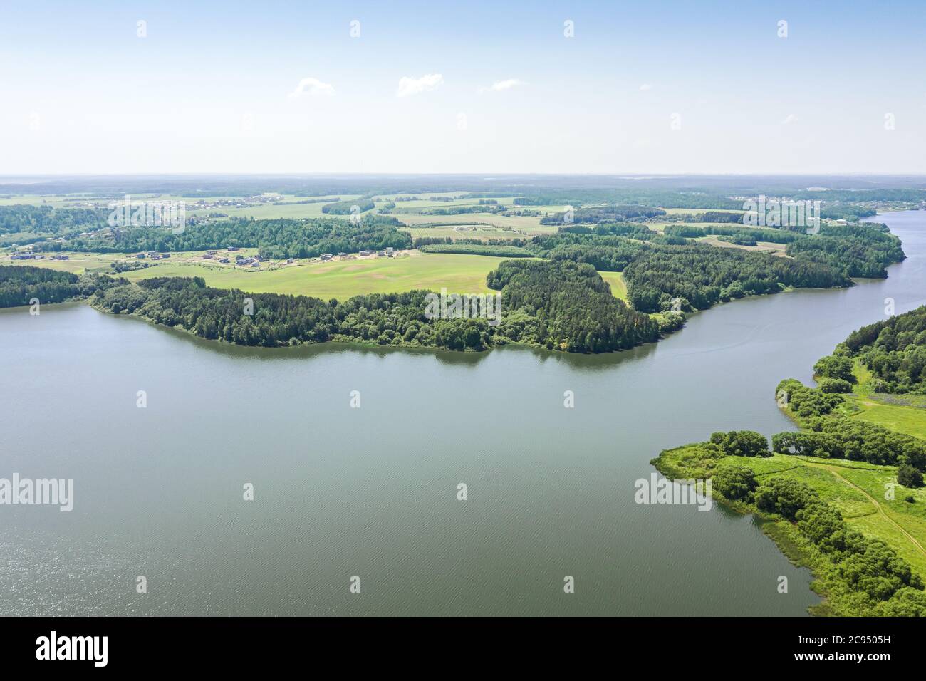 aerial view of summer countryside landscape. Lake Dubrovskoe, Minsk ...