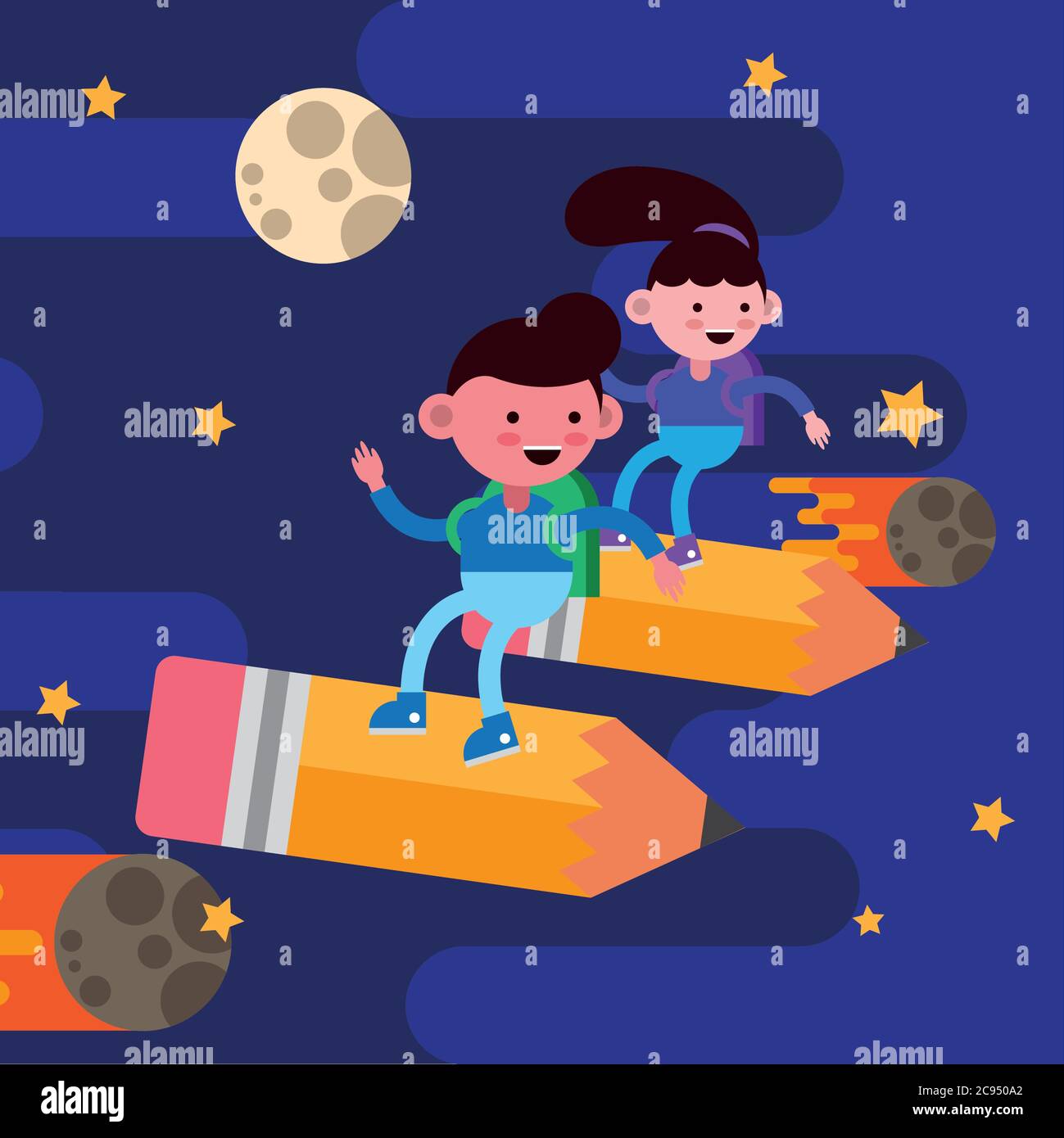 little students couple in pencil comic characters vector illustration ...