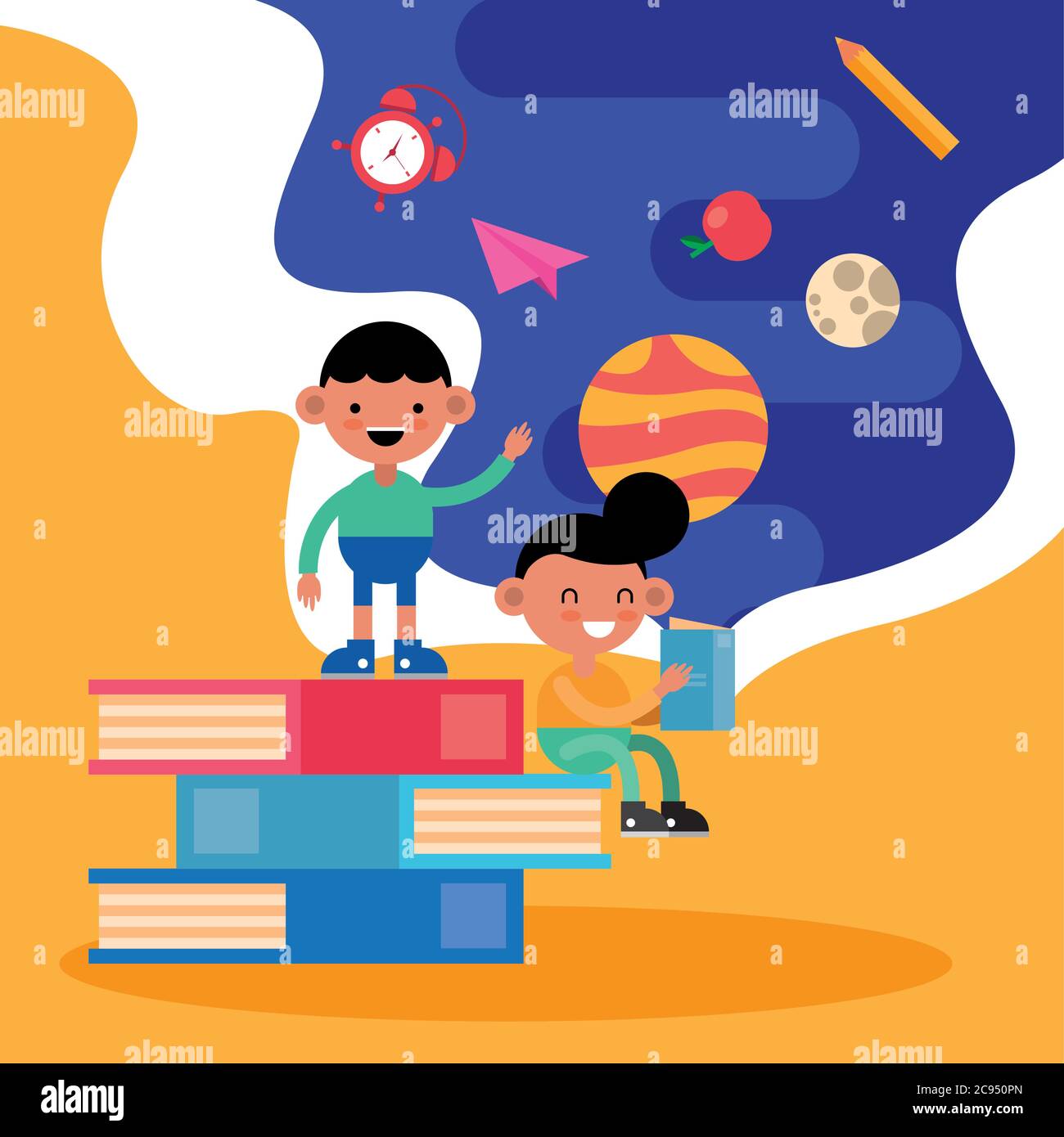 little students boys seated in books comic characters vector ...