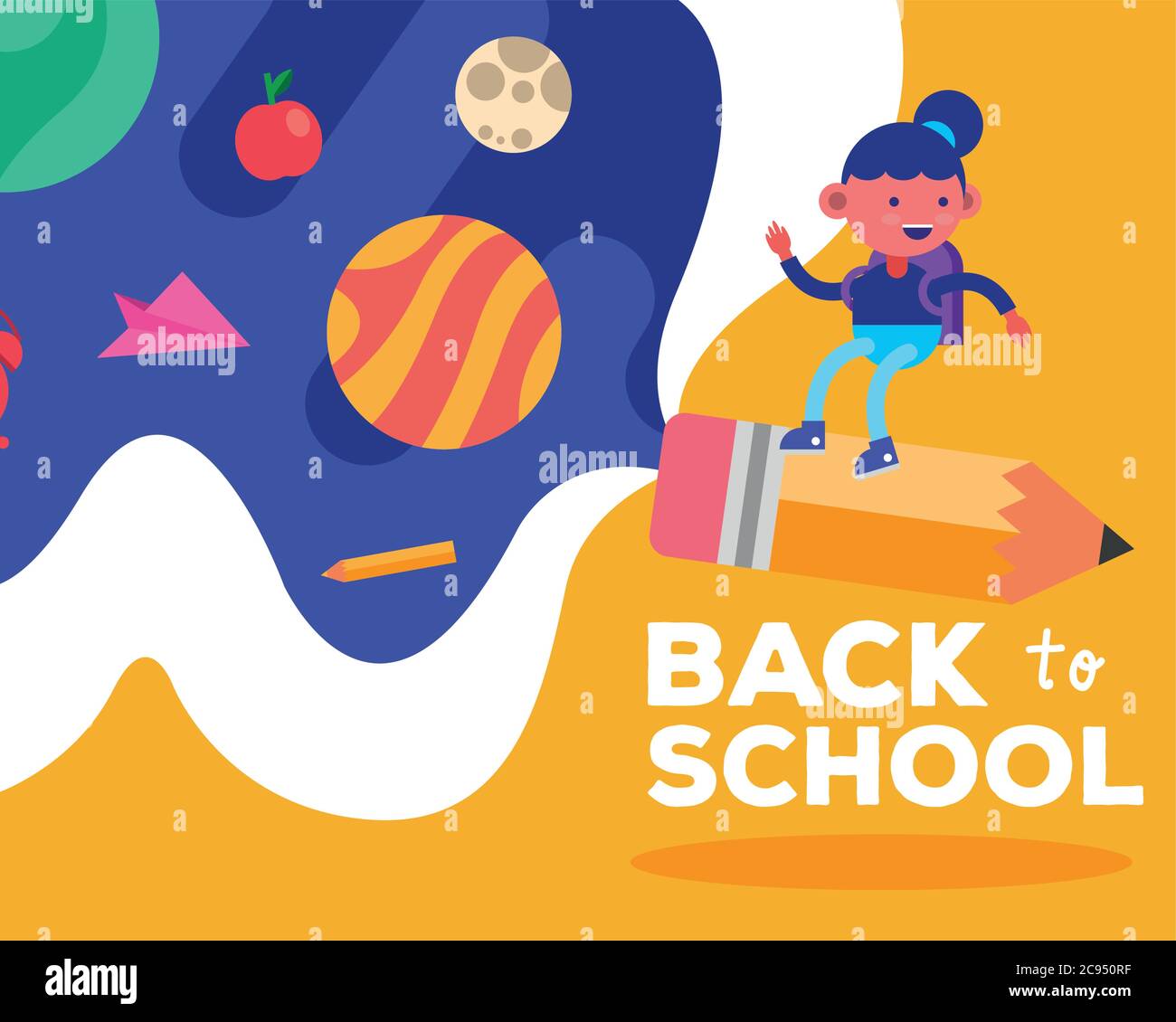 little student girl flying in pencil comic character vector ...