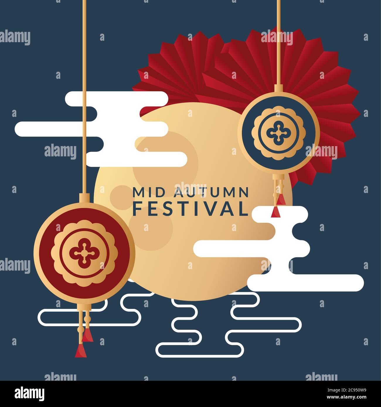 mid autumn festival poster with moon and fan vector illustration design ...