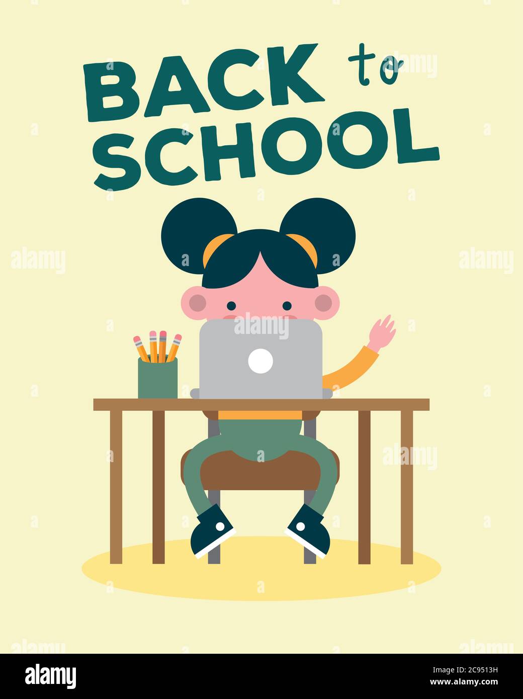 little student girl using laptop seated in school desk comic character ...