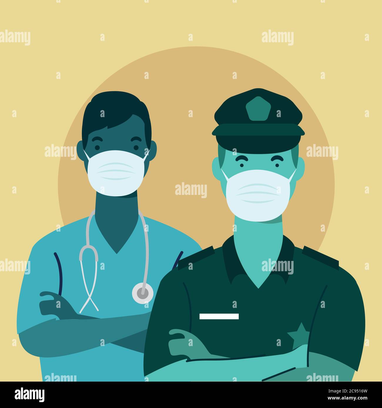 police officer and doctor wearing medical masks characters vector ...