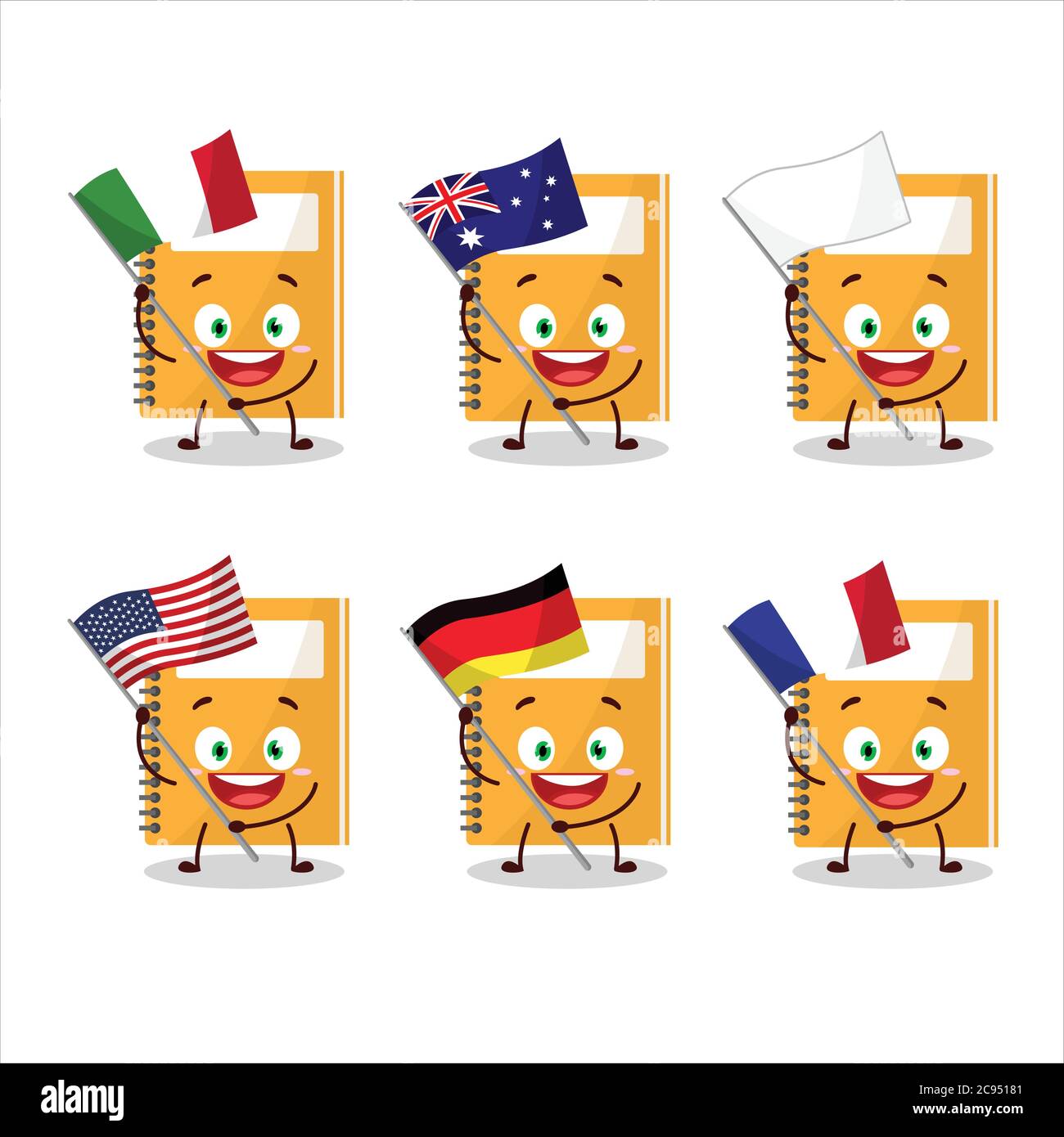 Orange study book cartoon character bring the flags of various ...