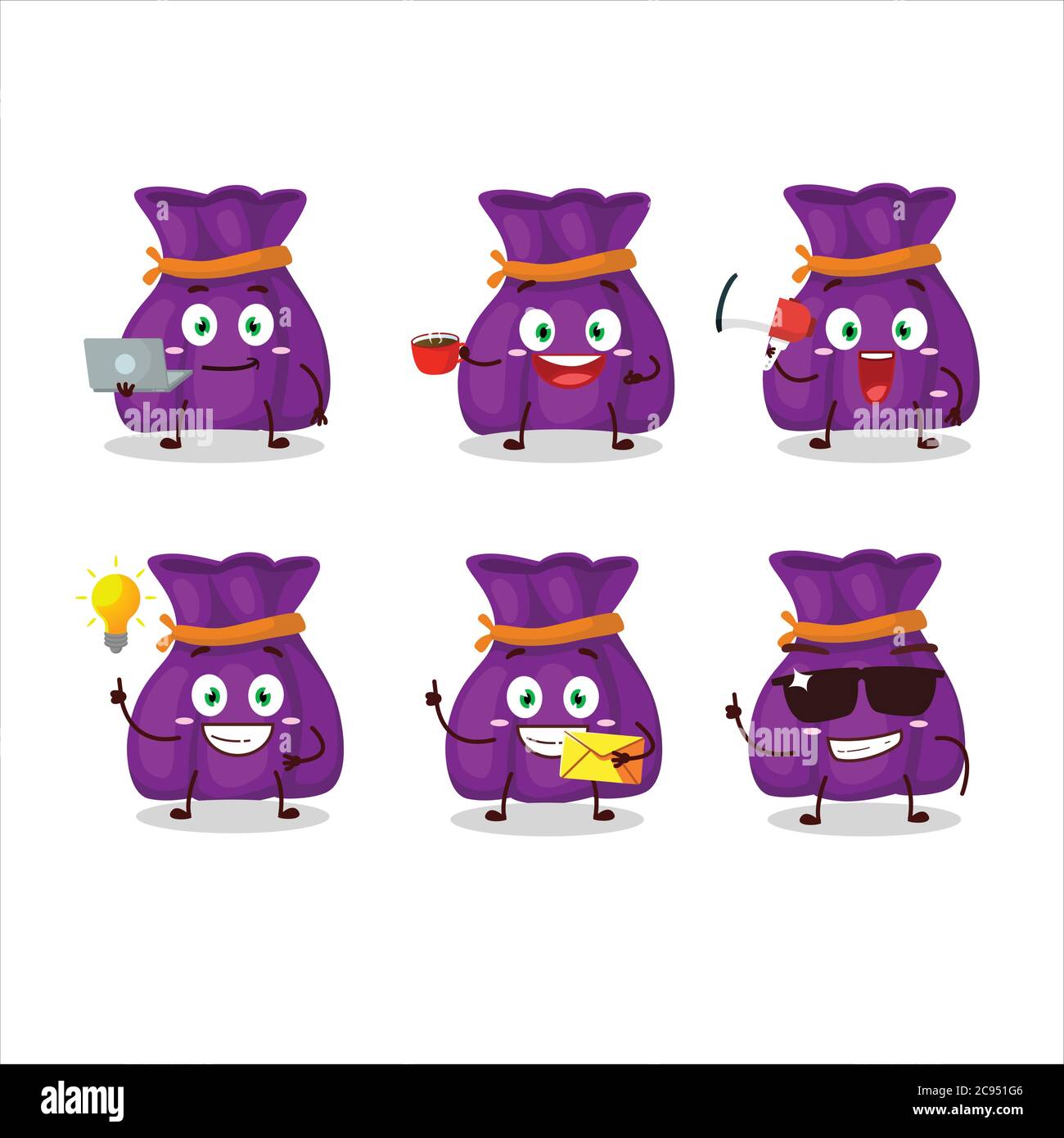 Purple candy sack cartoon character with various types of business ...
