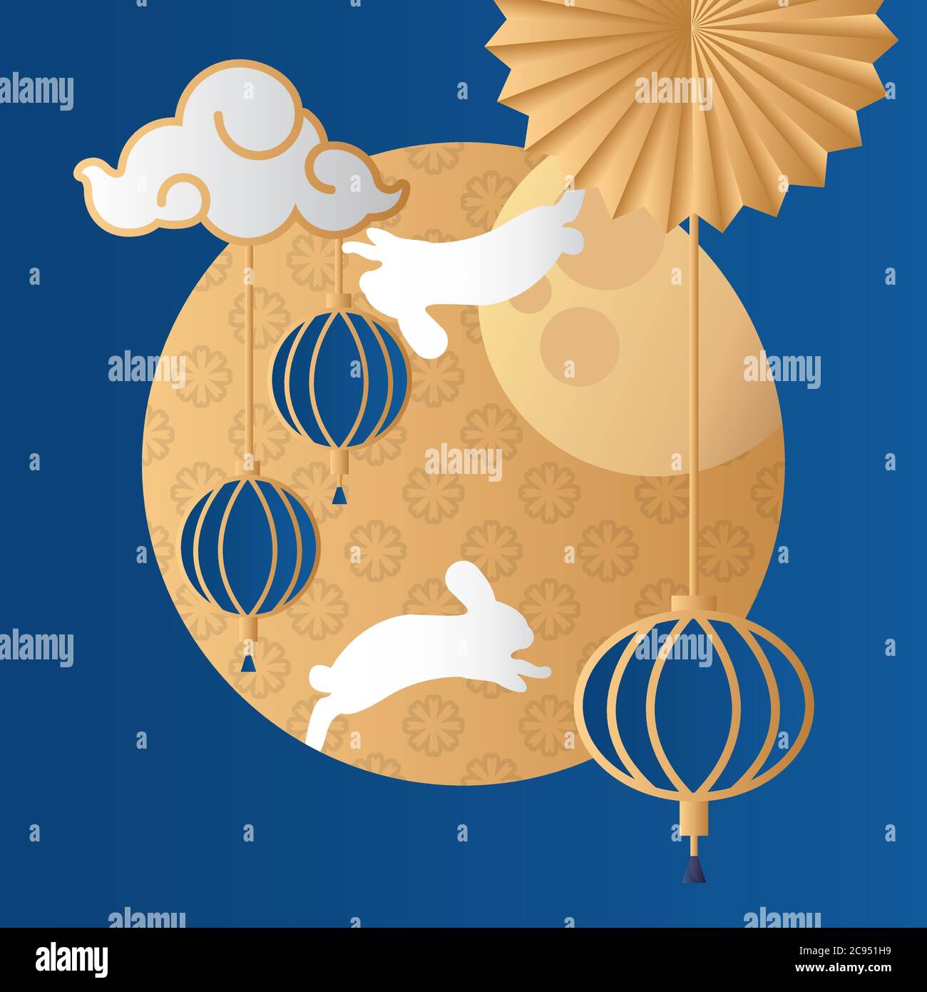 mid autumn festival moon with rabbits and lanterns hanging vector ...