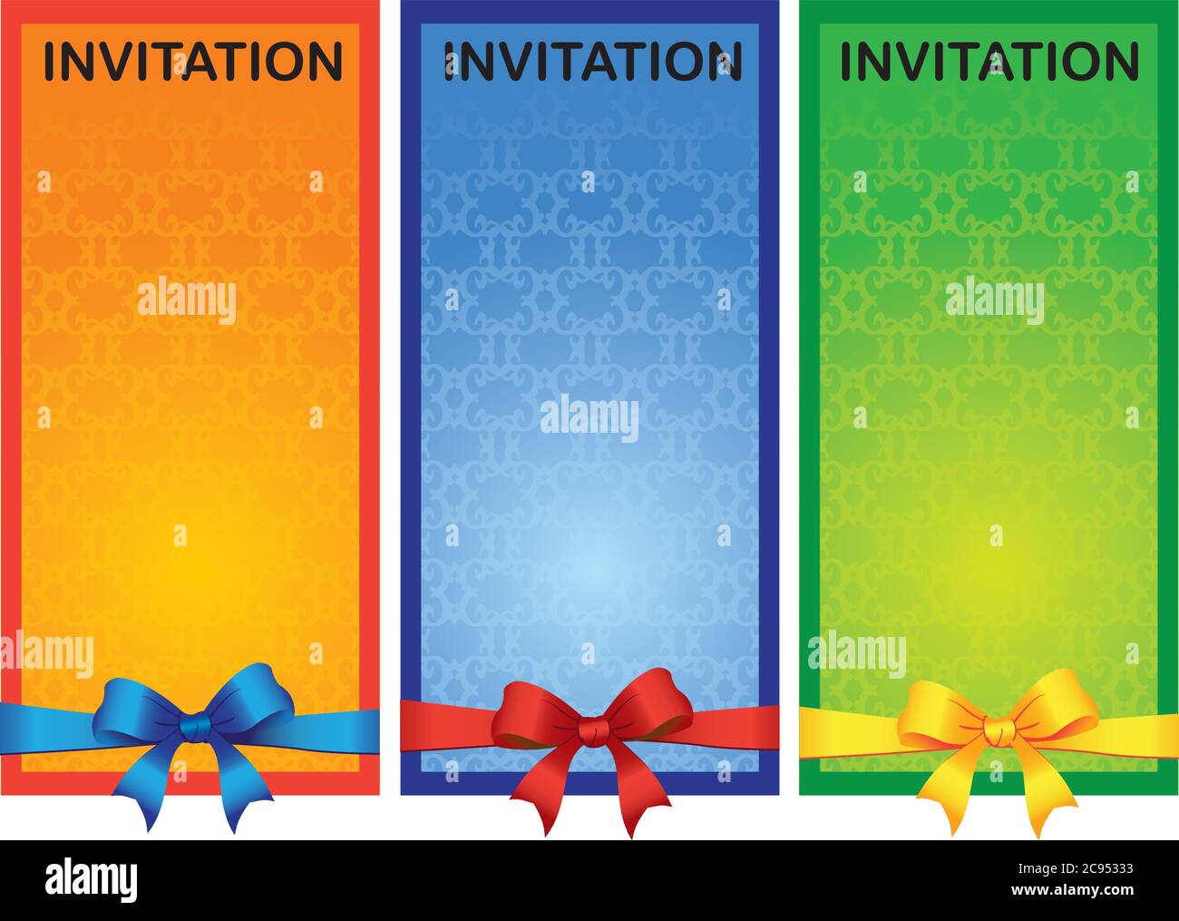 Three colorful vertical invitation card with different colored ribbon ...
