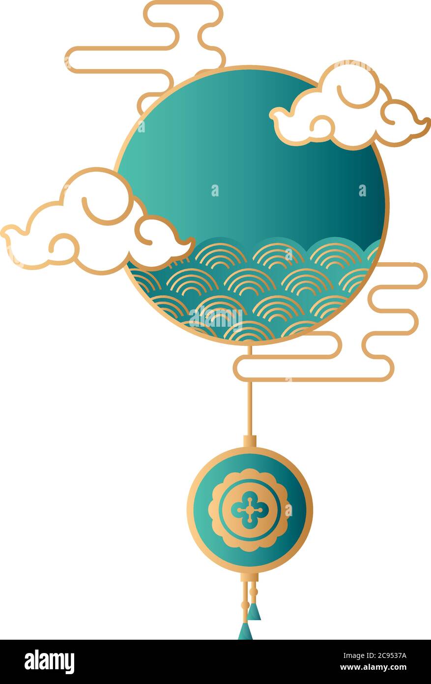 mid autumn festival with clouds and sea waves in circular frame vector ...