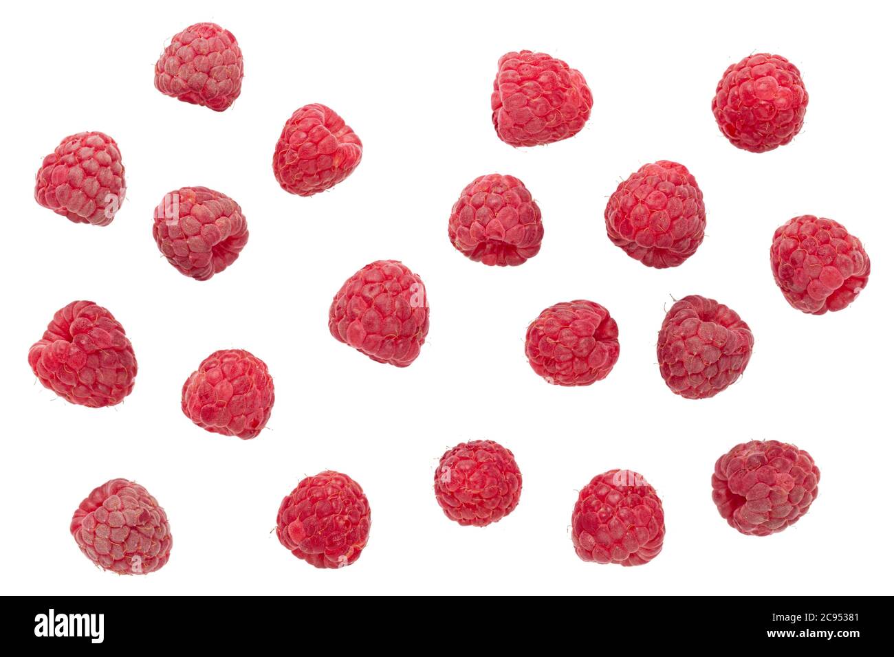 Flying raspberry isolated on white background. top view Stock Photo - Alamy