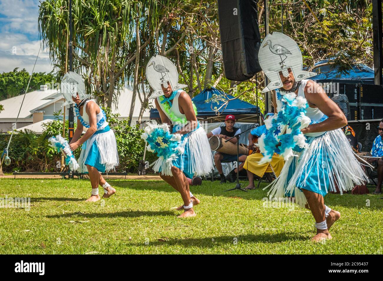 Torres Strait Island dancers in spectaular costumes and iconic headress ...
