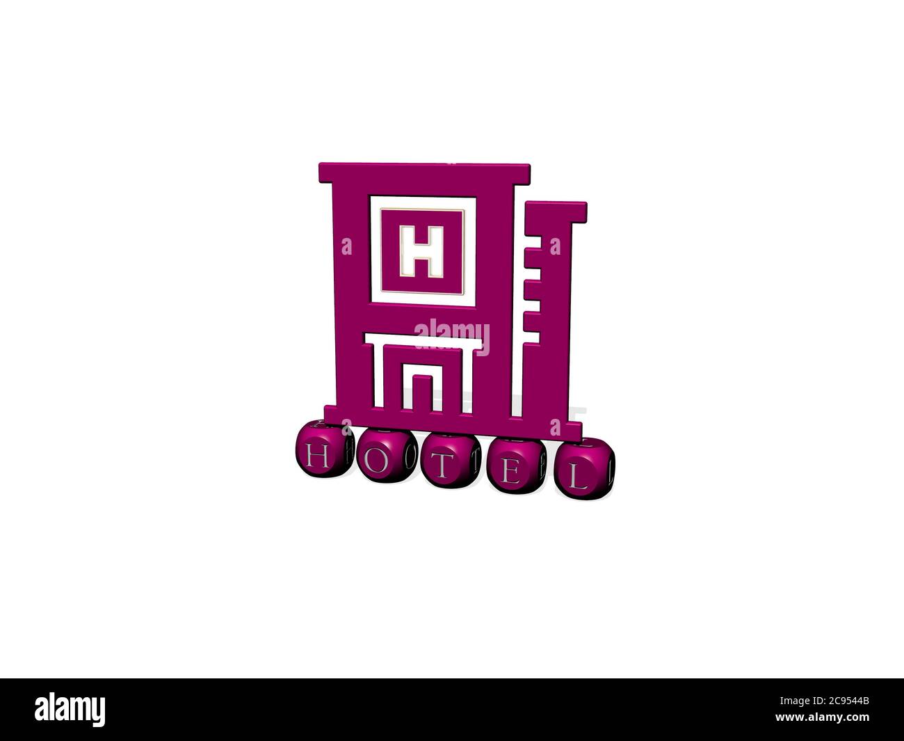 3D representation of hotel with icon on the wall and text arranged by ...