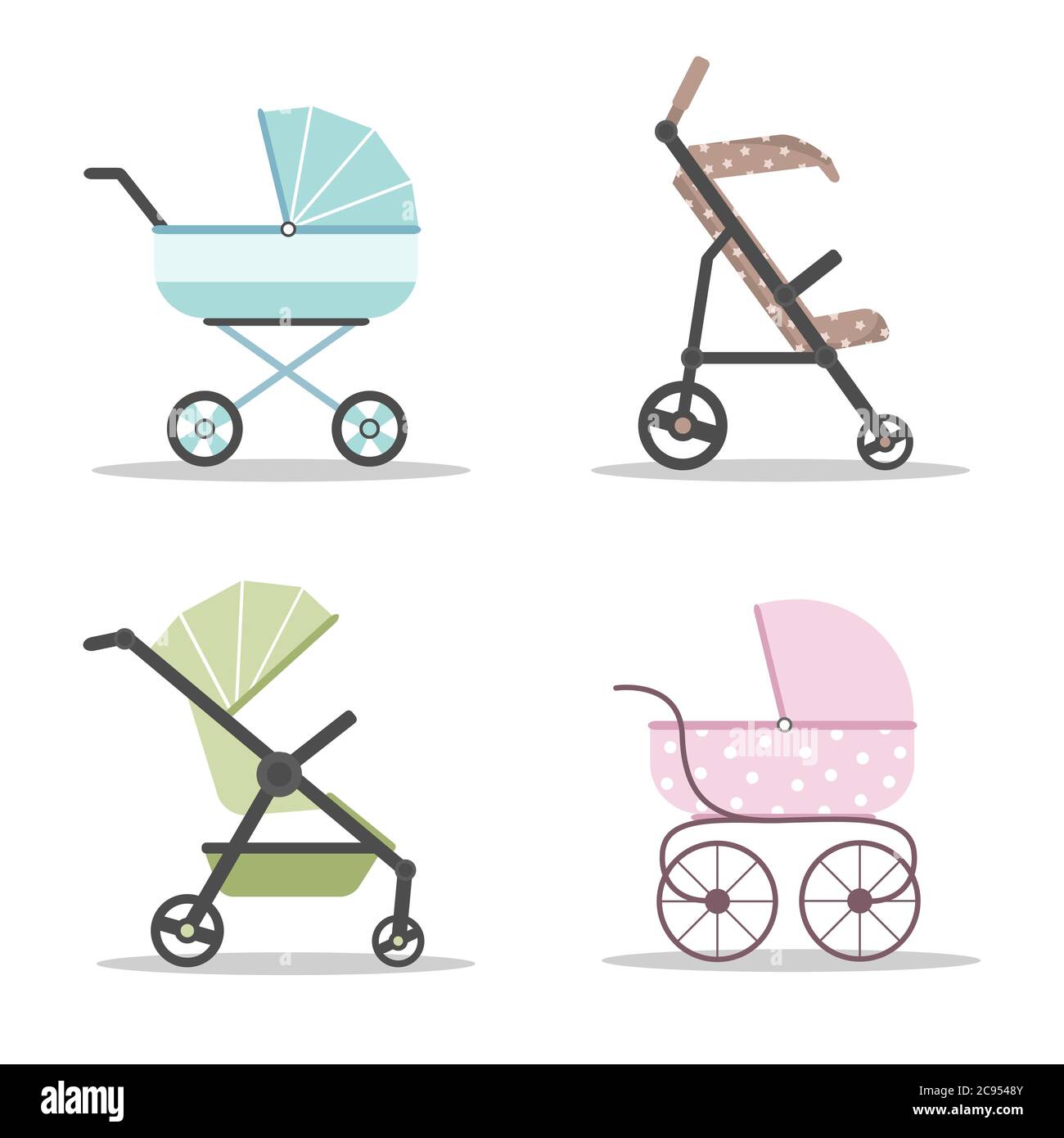 Baby carriages icon set. Colorful prams on white background. Vector ...