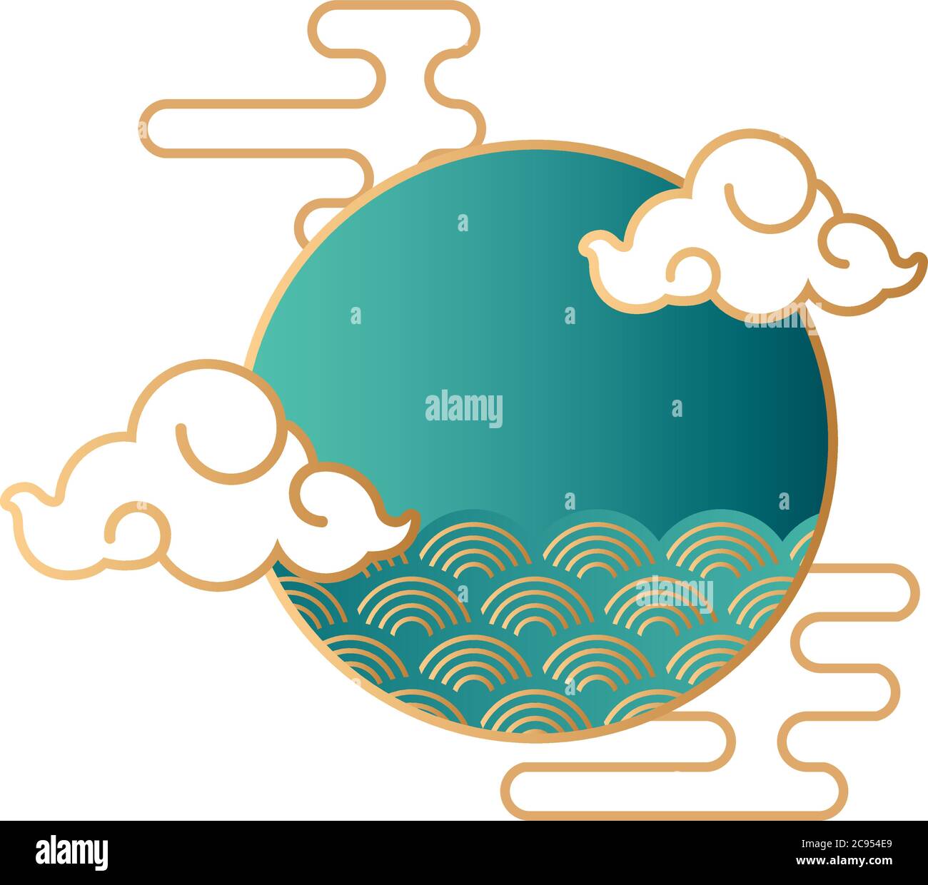 mid autumn festival with clouds and sea waves in circular frame vector ...