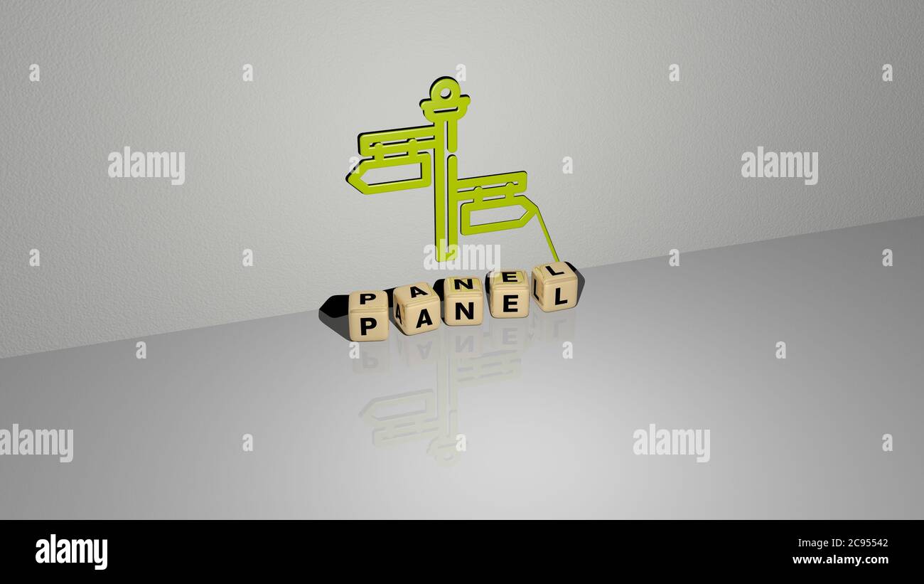 3D illustration of PANEL graphics and text made by metallic dice ...