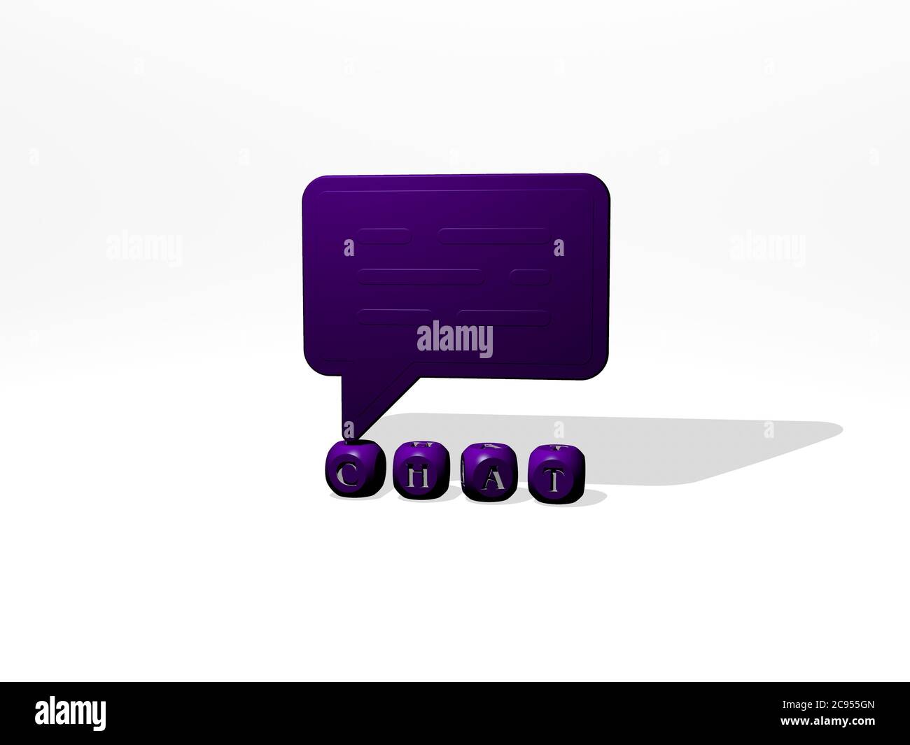 3D illustration of chat graphics and text made by metallic dice letters ...