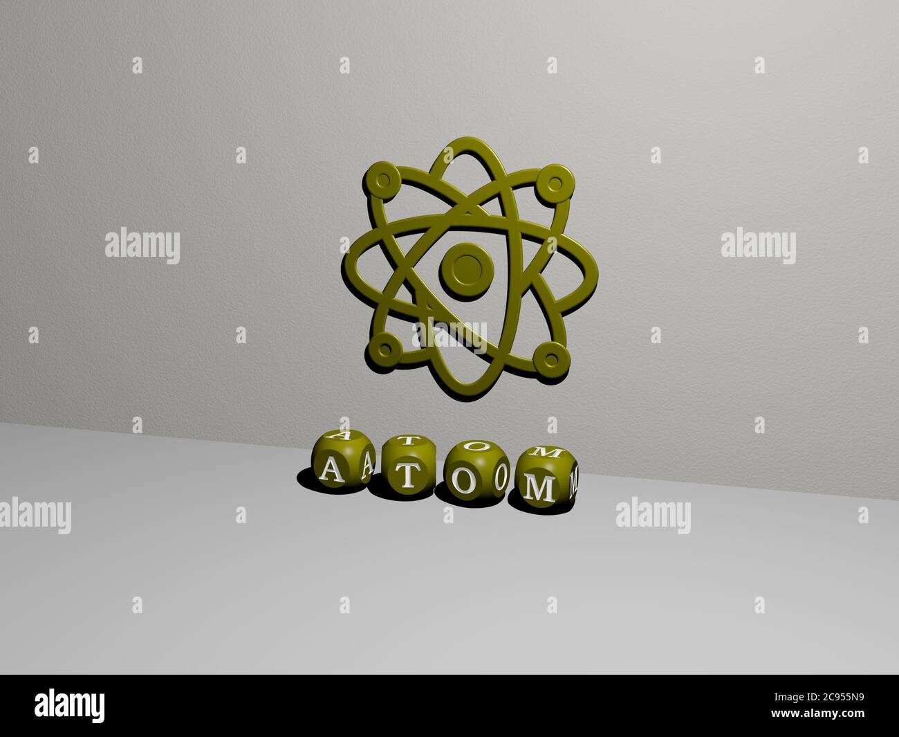 3D representation of atom with icon on the wall and text arranged by ...