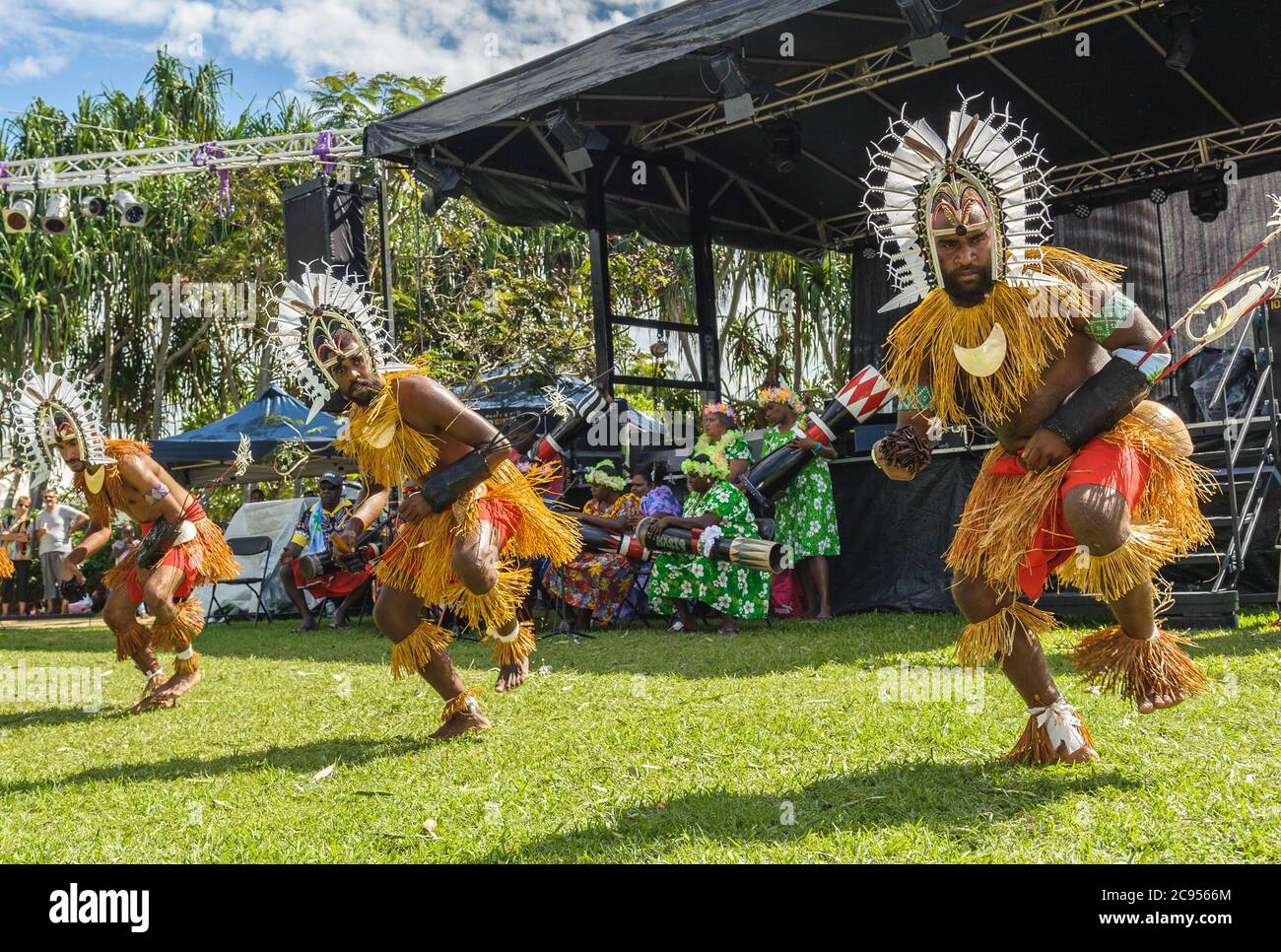 Torres Strait Island dancers in spectaular costumes and iconic headress ...