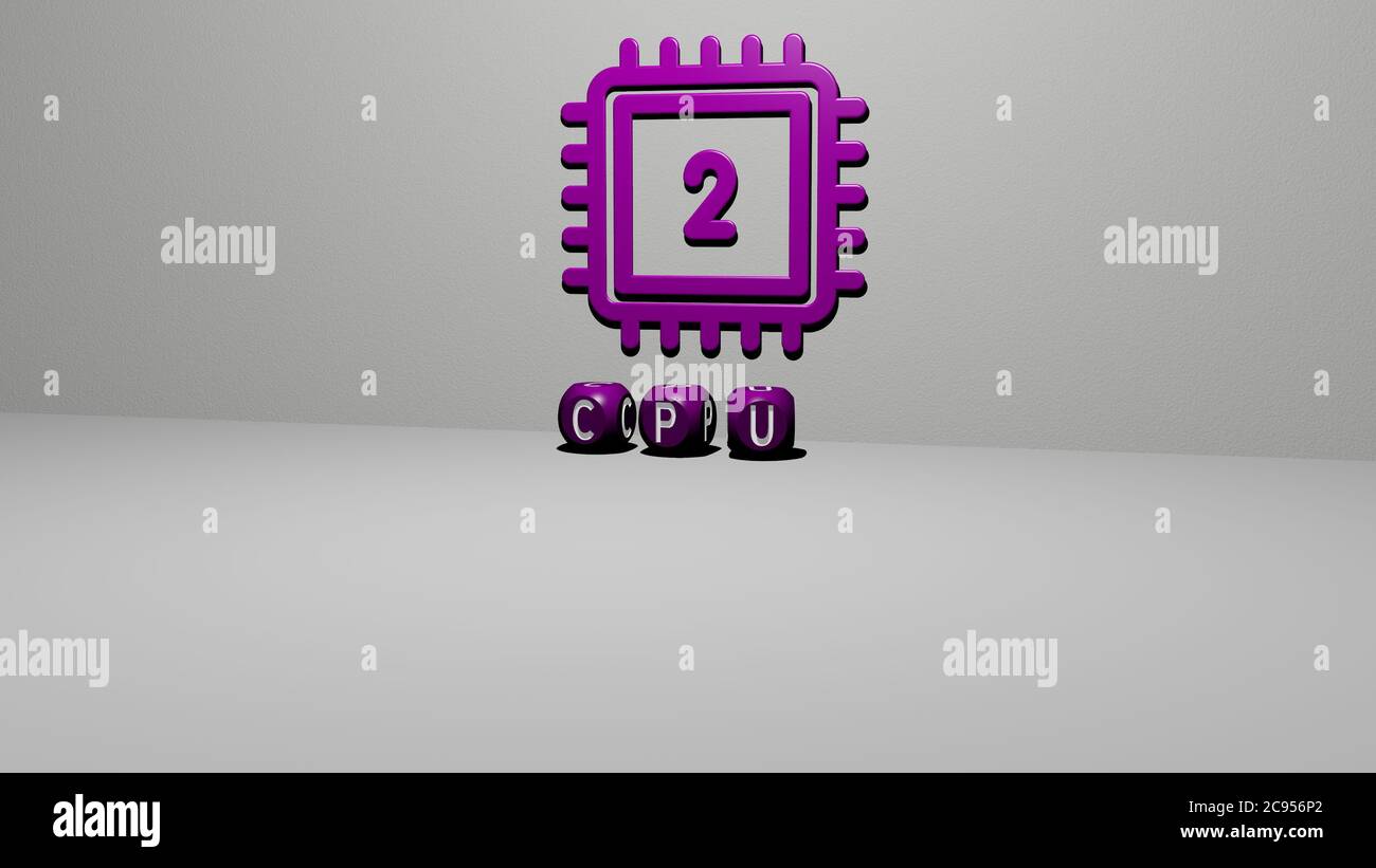 3D representation of cpu with icon on the wall and text arranged by ...